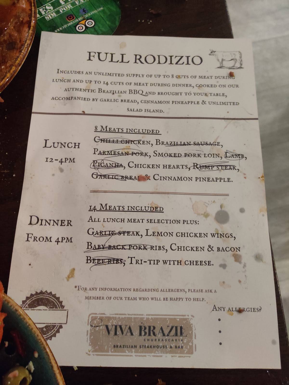 Menu at Viva Brazil Cardiff restaurant, Cardiff