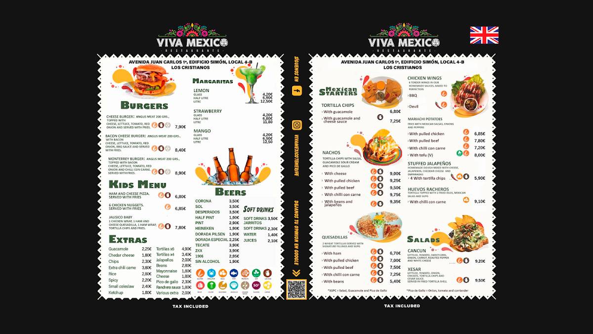 Menu at Viva Mexico restaurant, Costa Adeje