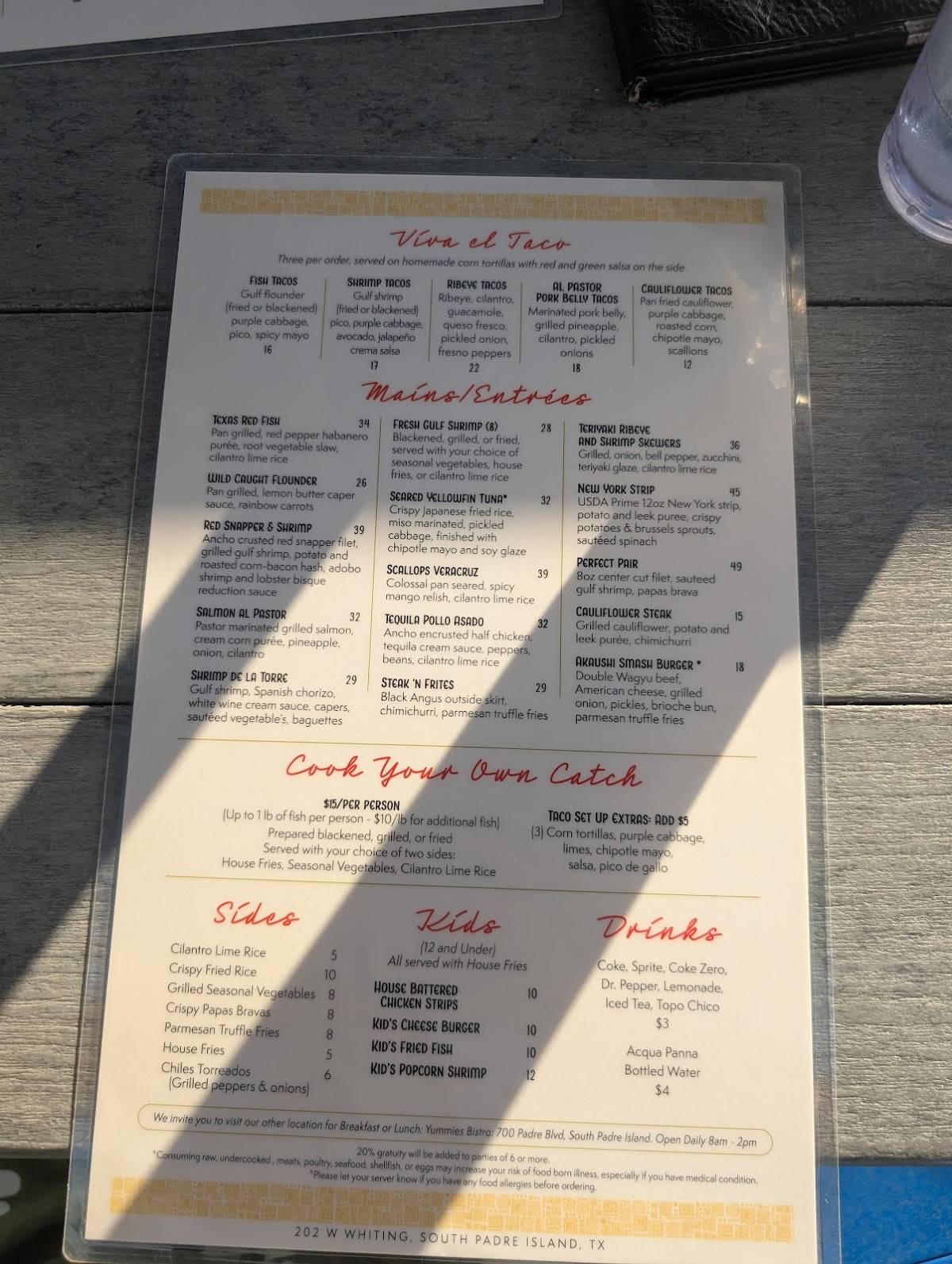Menu at Viva restaurant, South Padre Island