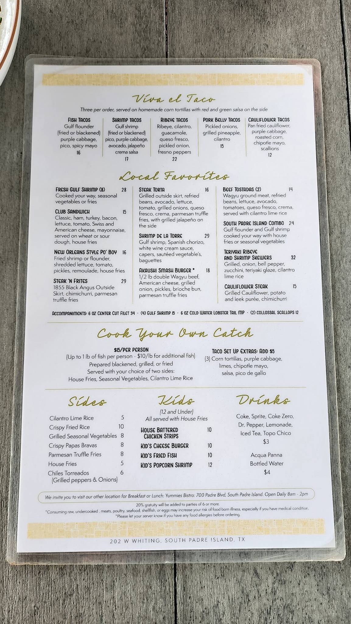 Menu at Viva restaurant, South Padre Island