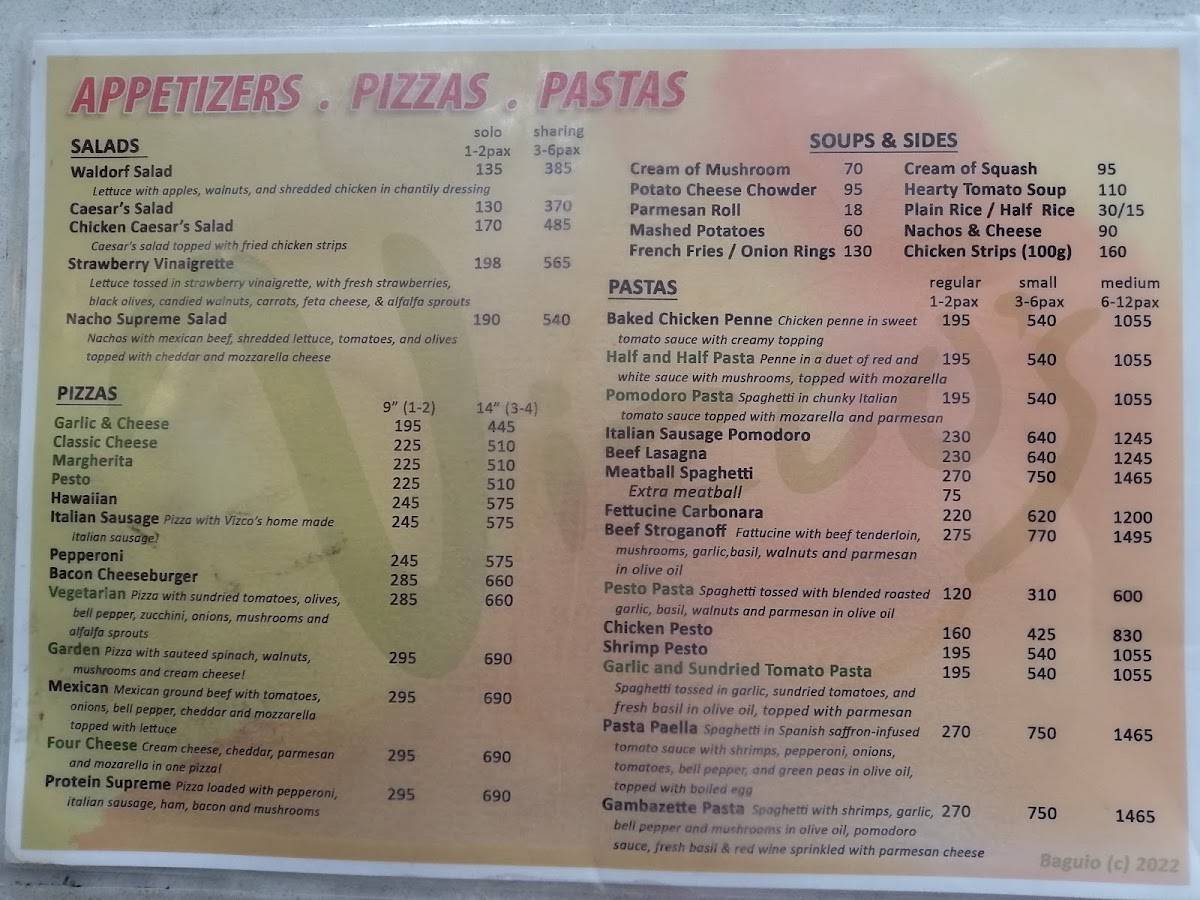 Menu at Vizco's Restaurant & Cake Shop, Baguio