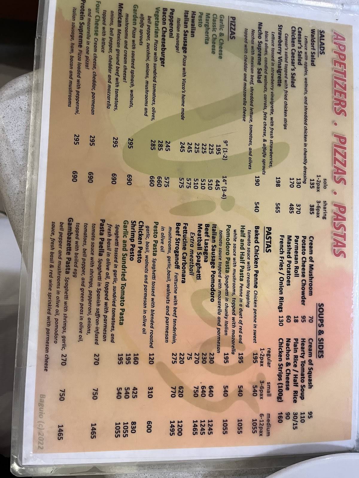 Menu at Vizco's Restaurant & Cake Shop, Baguio