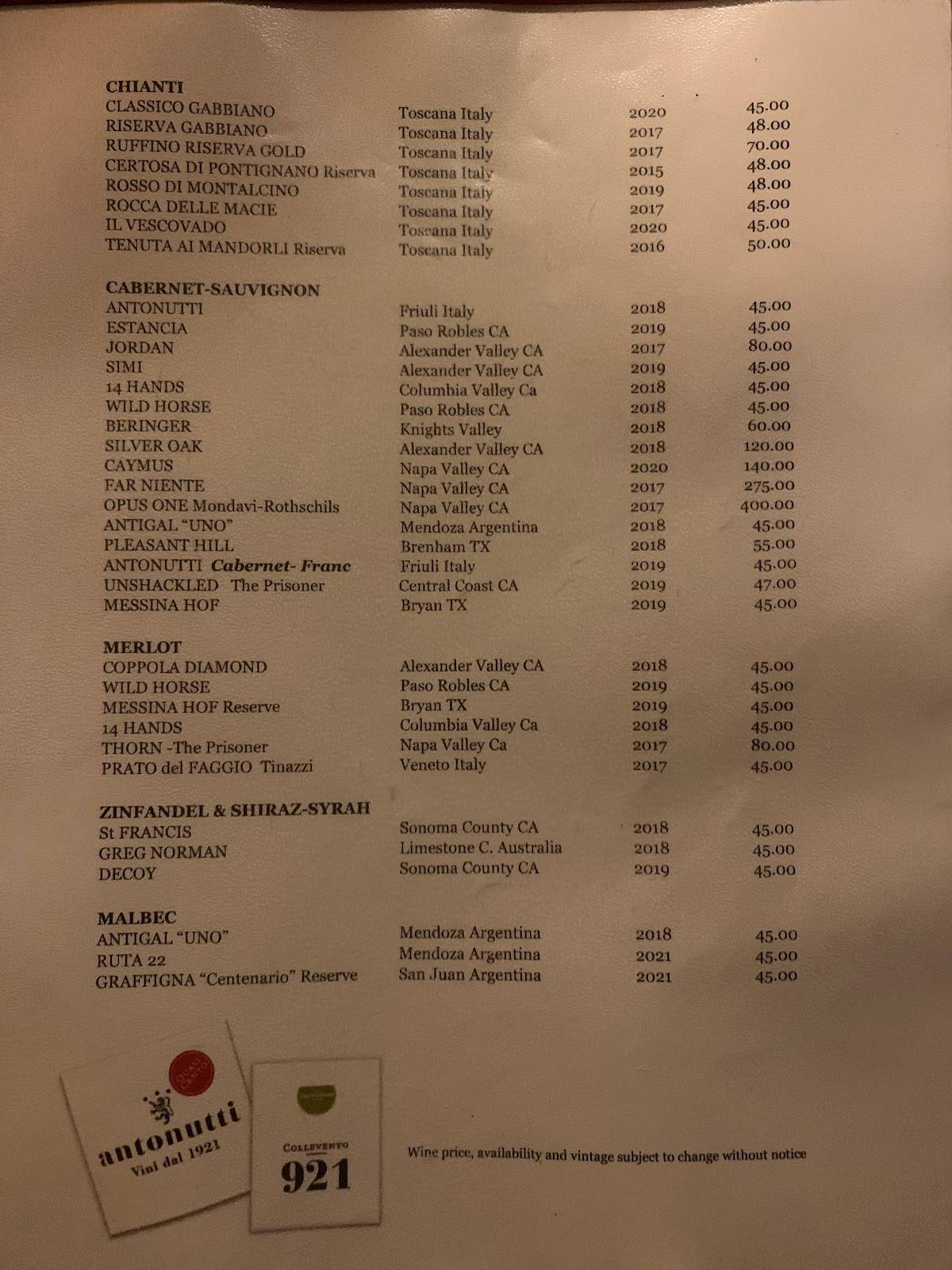 Menu at Volare Italian Restaurant, Brenham