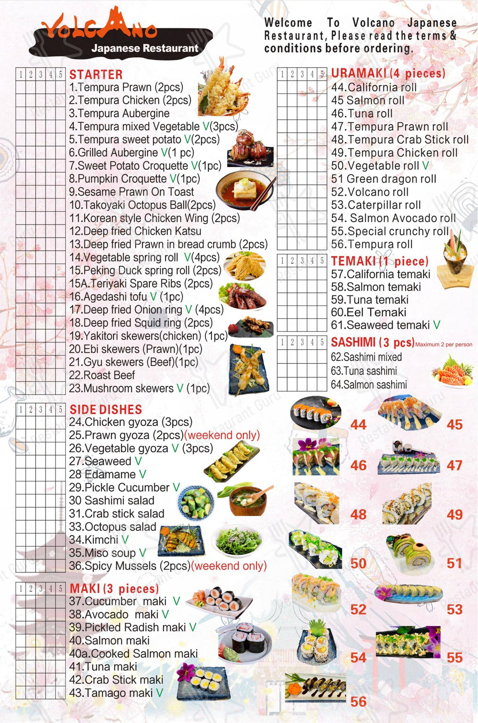 Menu at Volcano Japanese restaurant, Cardiff