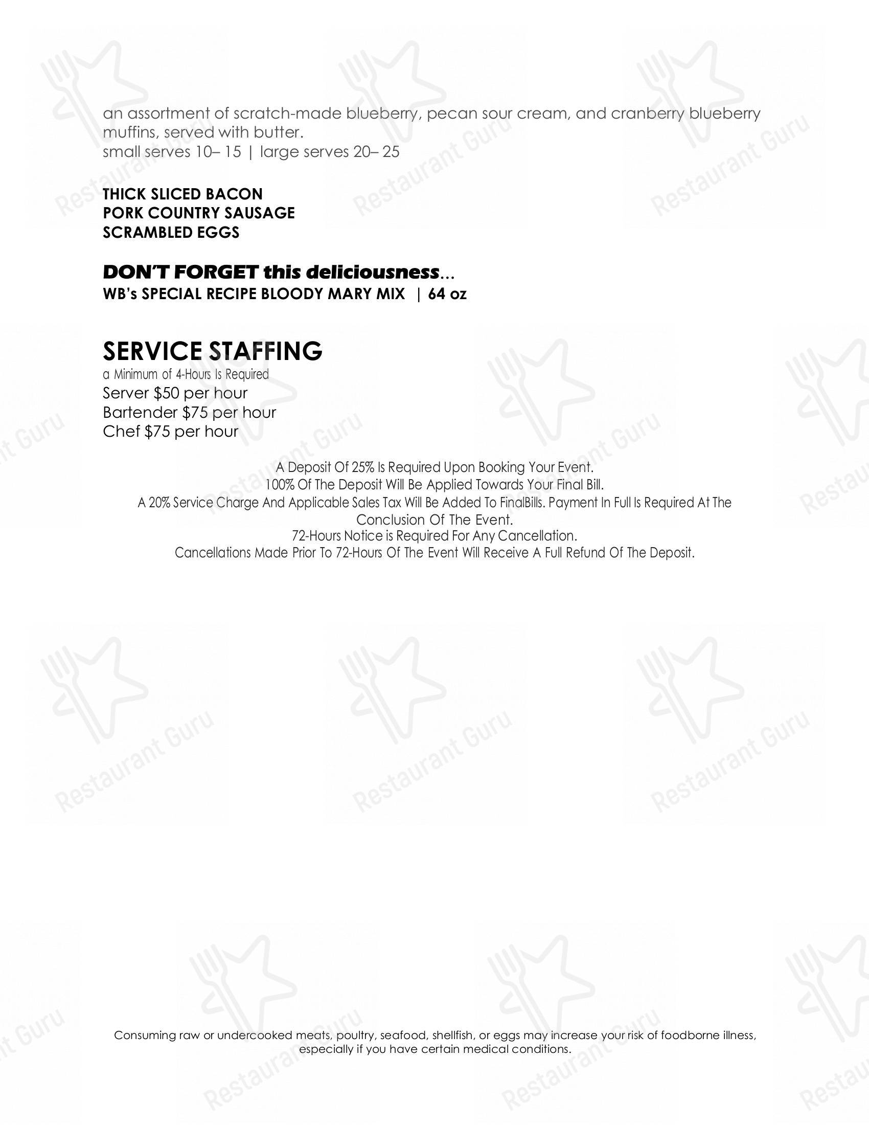 Menu at WB's kitchen + catering restaurant, Frisco