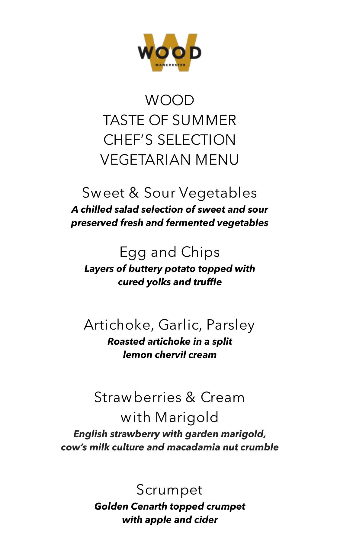 Menu at WOOD Manchester by Simon Wood restaurant, Manchester