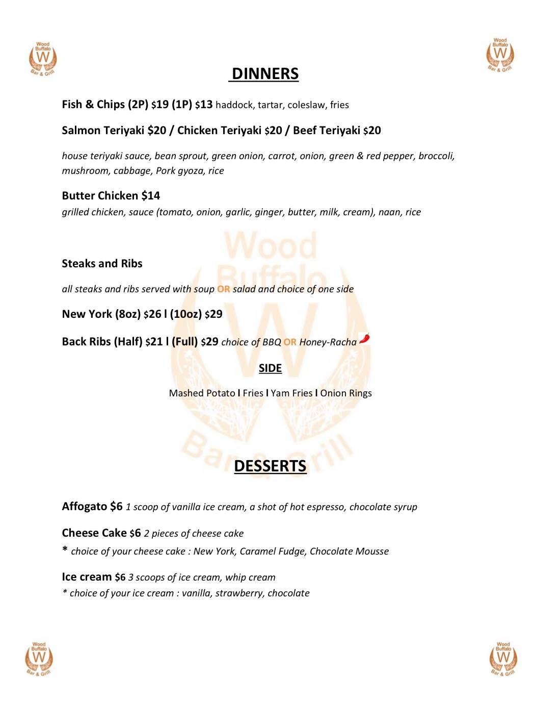 Menu at Wood Buffalo Bar & Grill, Wabasca-Desmarais