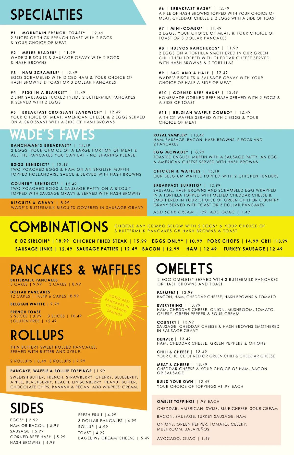 Menu at Wade's Cafe, Colorado Springs, N Academy Blvd