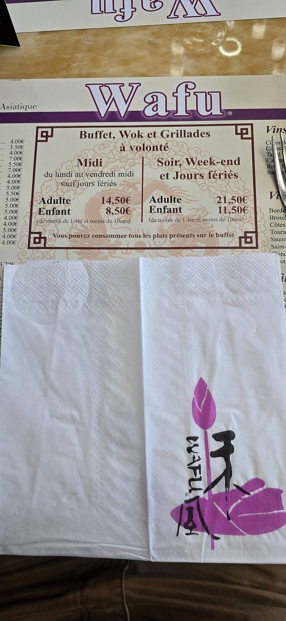 Menu au Wafu restaurant, Thouars