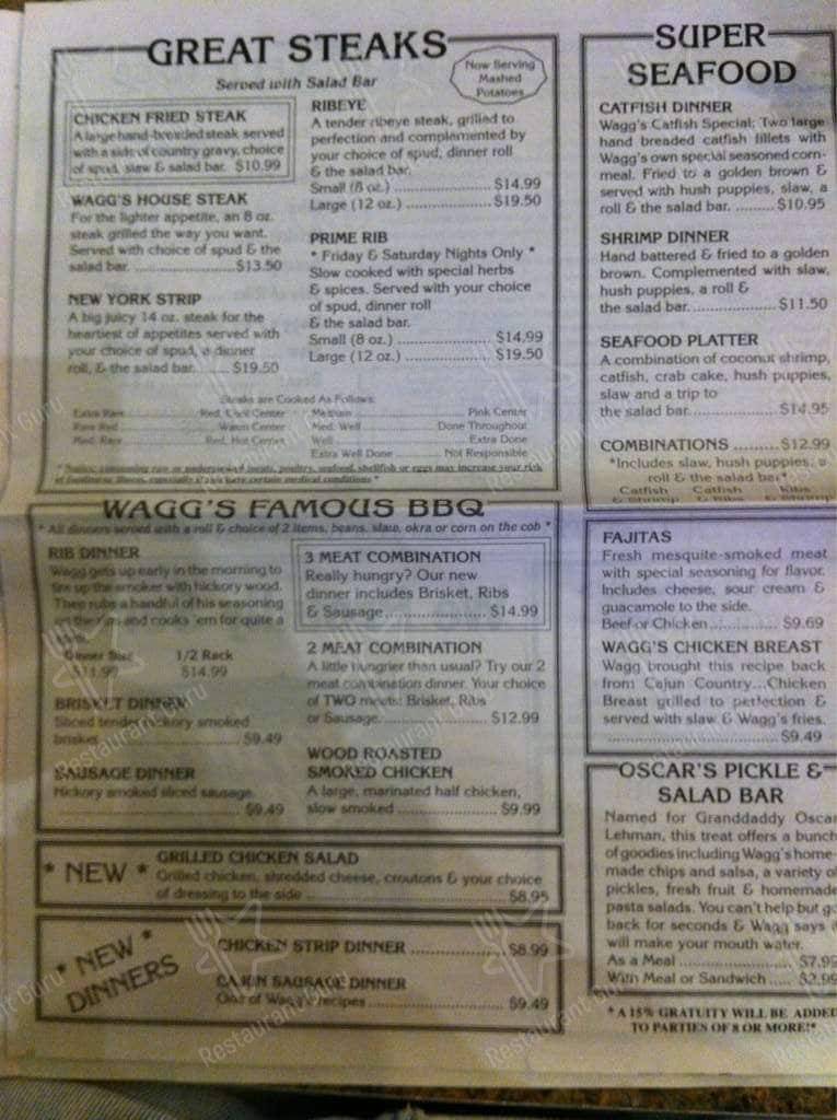 Menu at Wagg's Bar-B-Q, Woodward