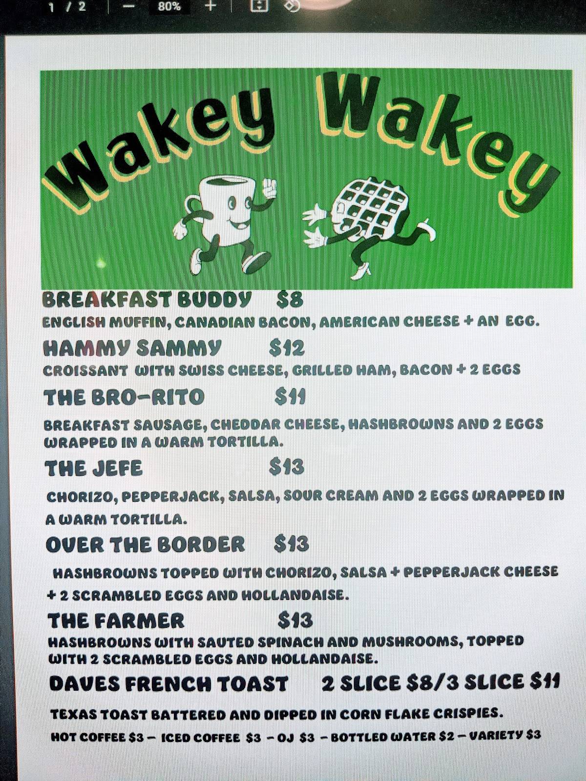 Menu at Wakey Wakey Food Truck restaurant, Bloomington
