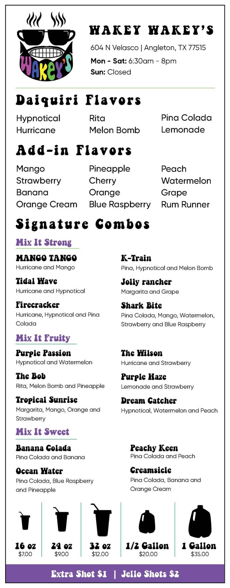 Menu at Wakey Wakey's restaurant, Angleton