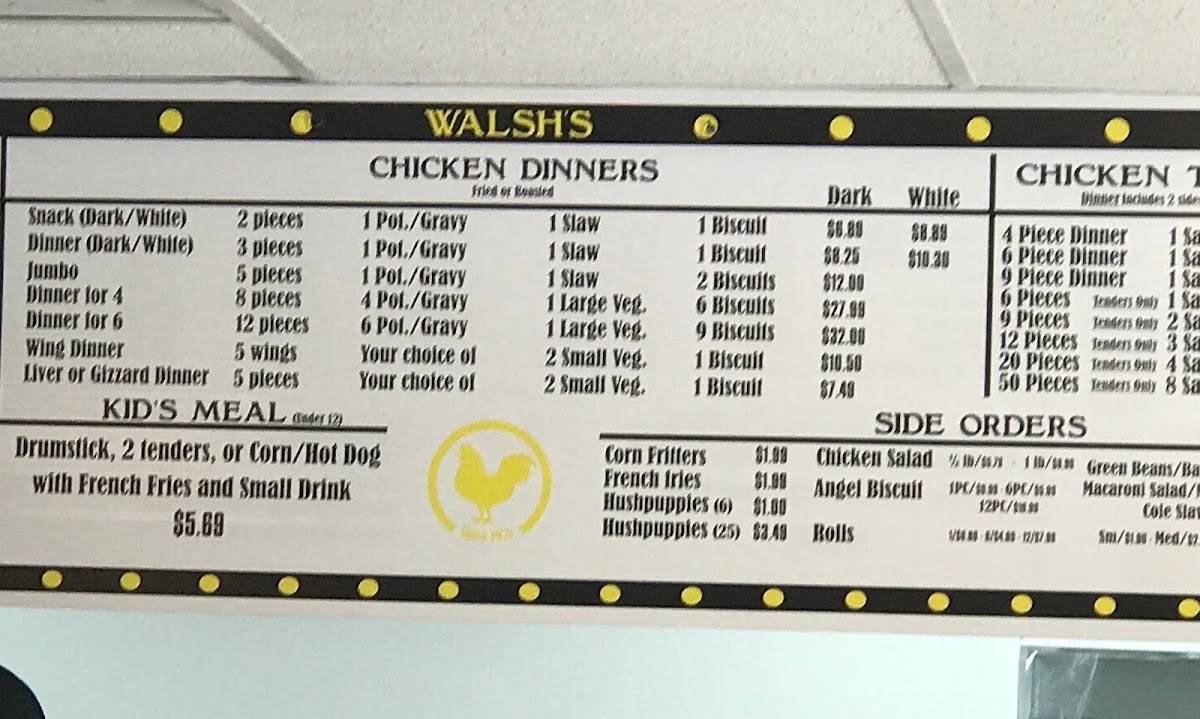 Menu at Walsh's Chicken & More restaurant, Martinsville, 24 W Church St