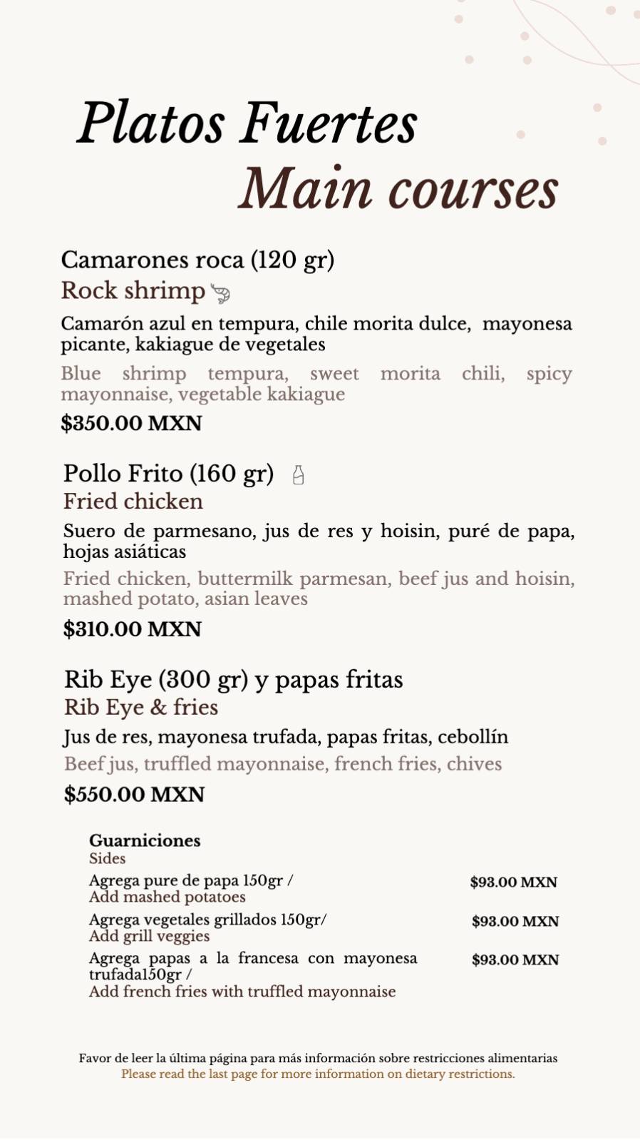 Carta del restaurante Wander Rooftop, Cancún