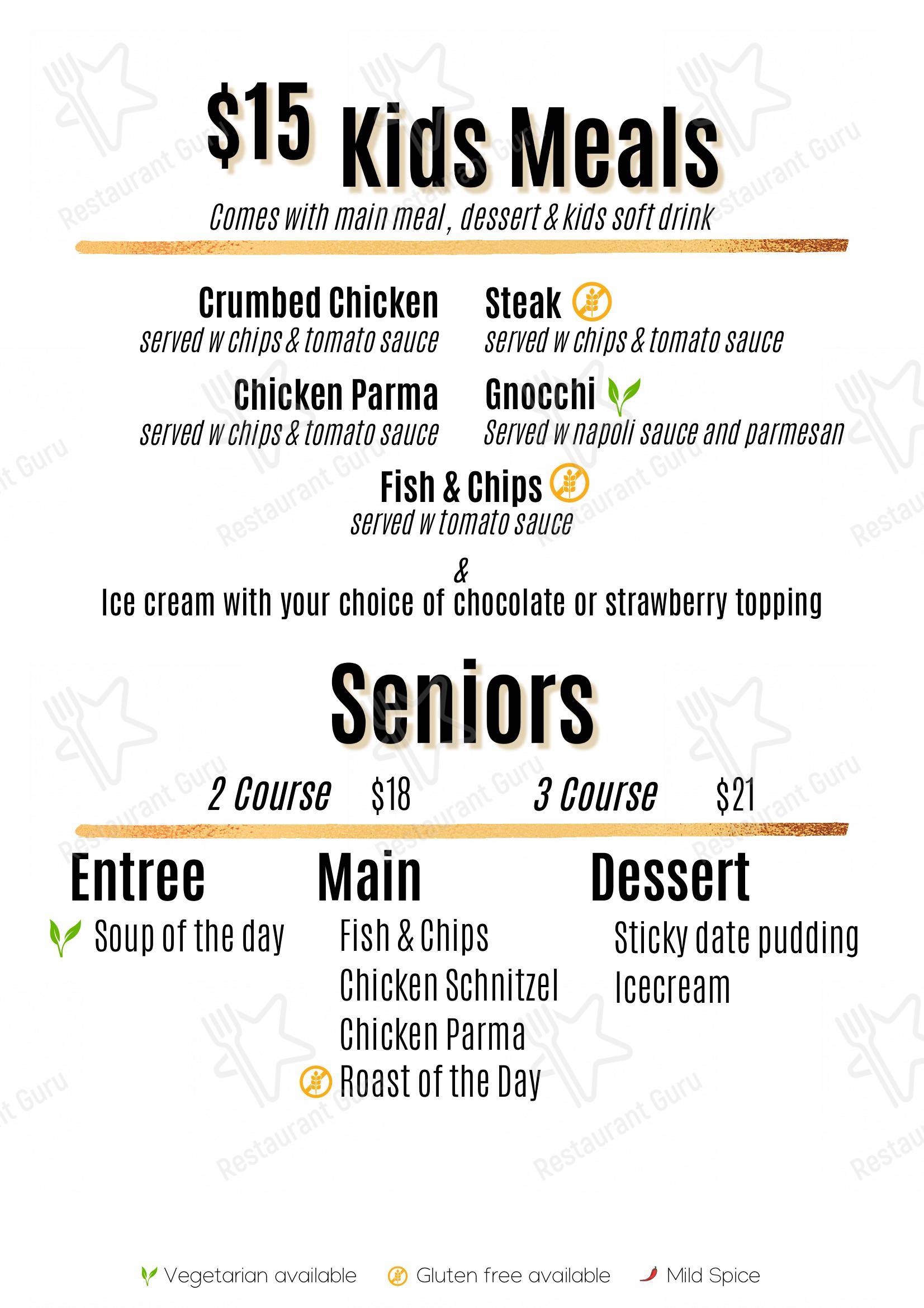 Menu at Wangaratta Club, Wangaratta