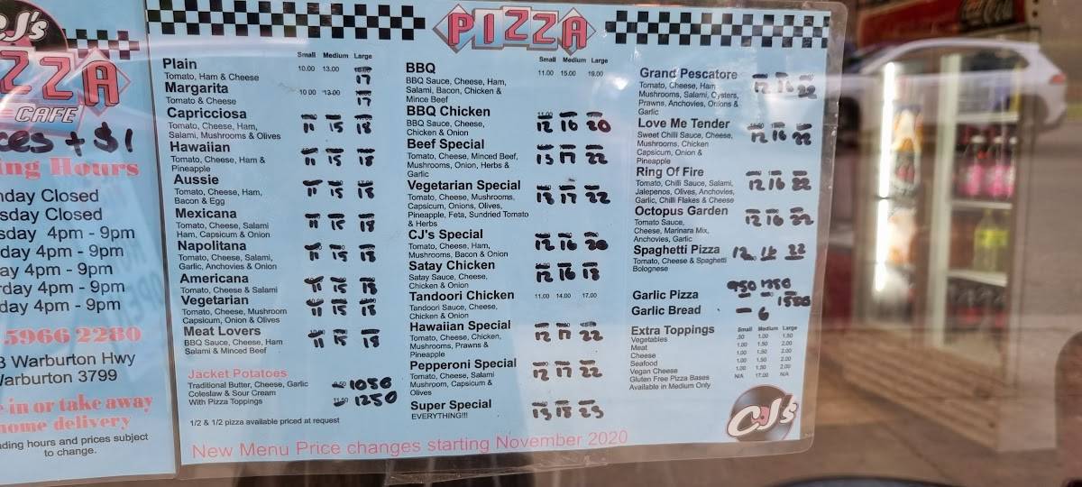 Menu at CJ's Pizza Cafe, Warburton