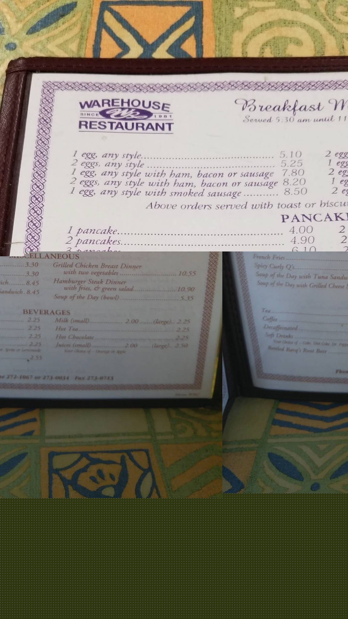 Menu at Warehouse Restaurant, Baton Rouge