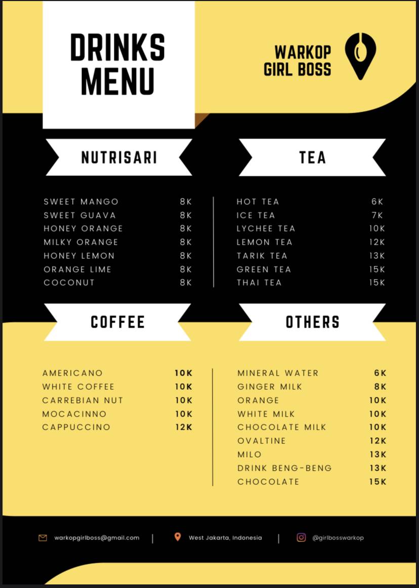 Menu at Warkop Girl Boss, Jakarta