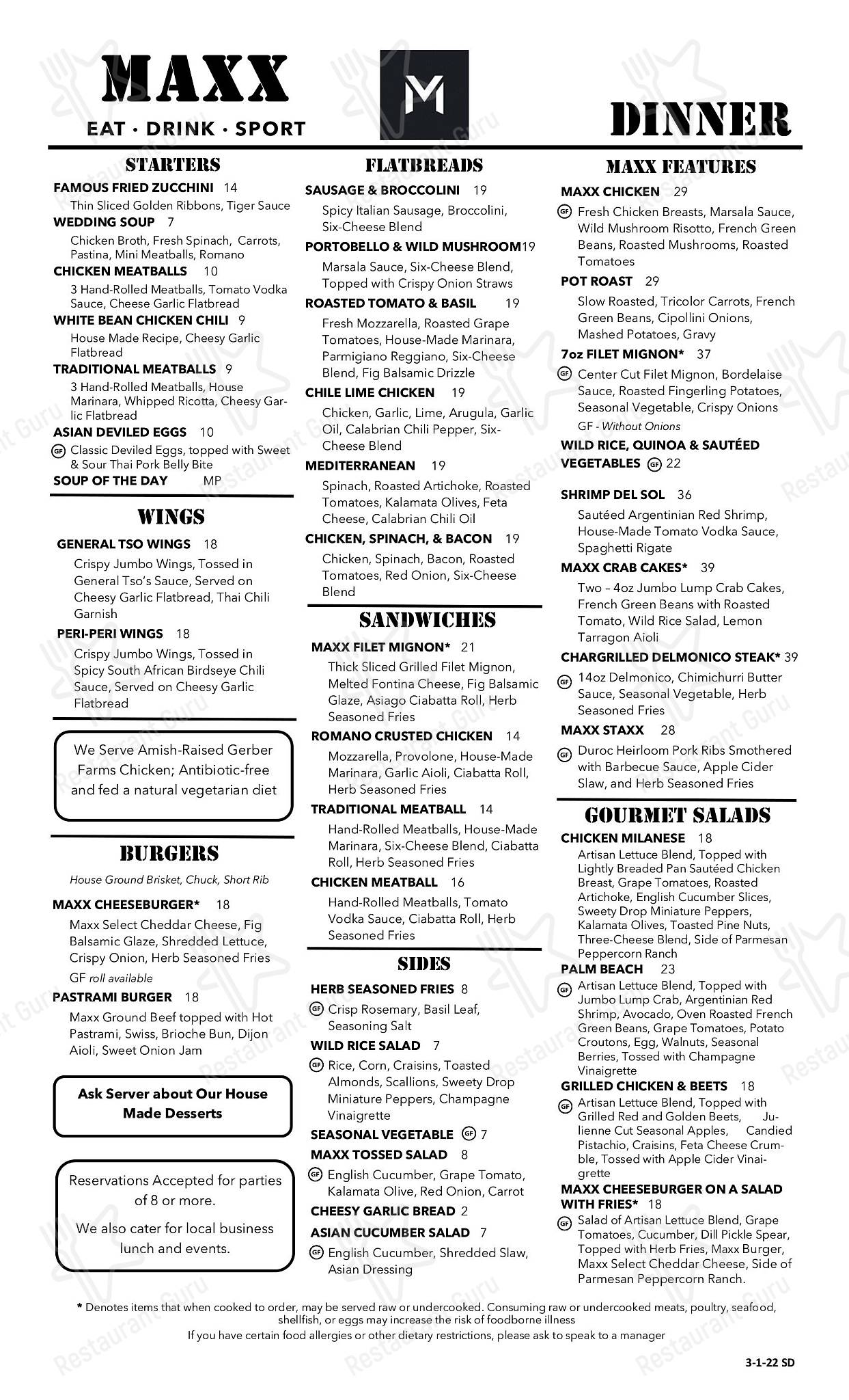 Menu at MAXX Restaurant, Warrendale