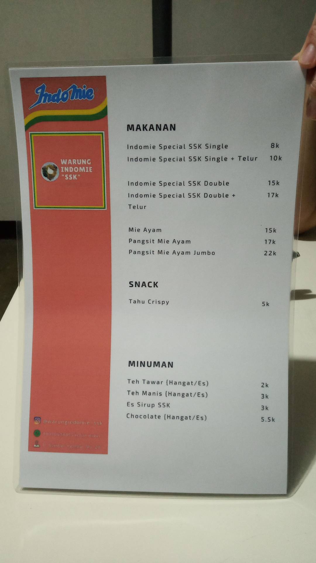 Menu at Warung Indomie Sedulur Sumber Kembar, Mulyoarjo
