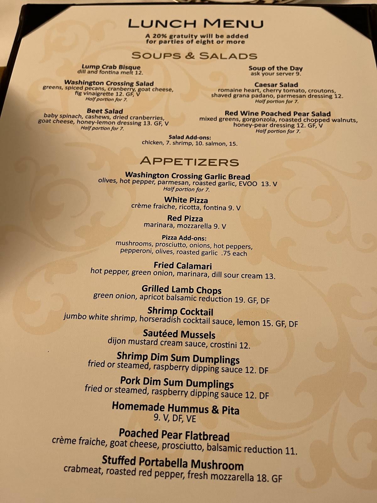 Menu at Washington Crossing Inn restaurant, Washington Crossing
