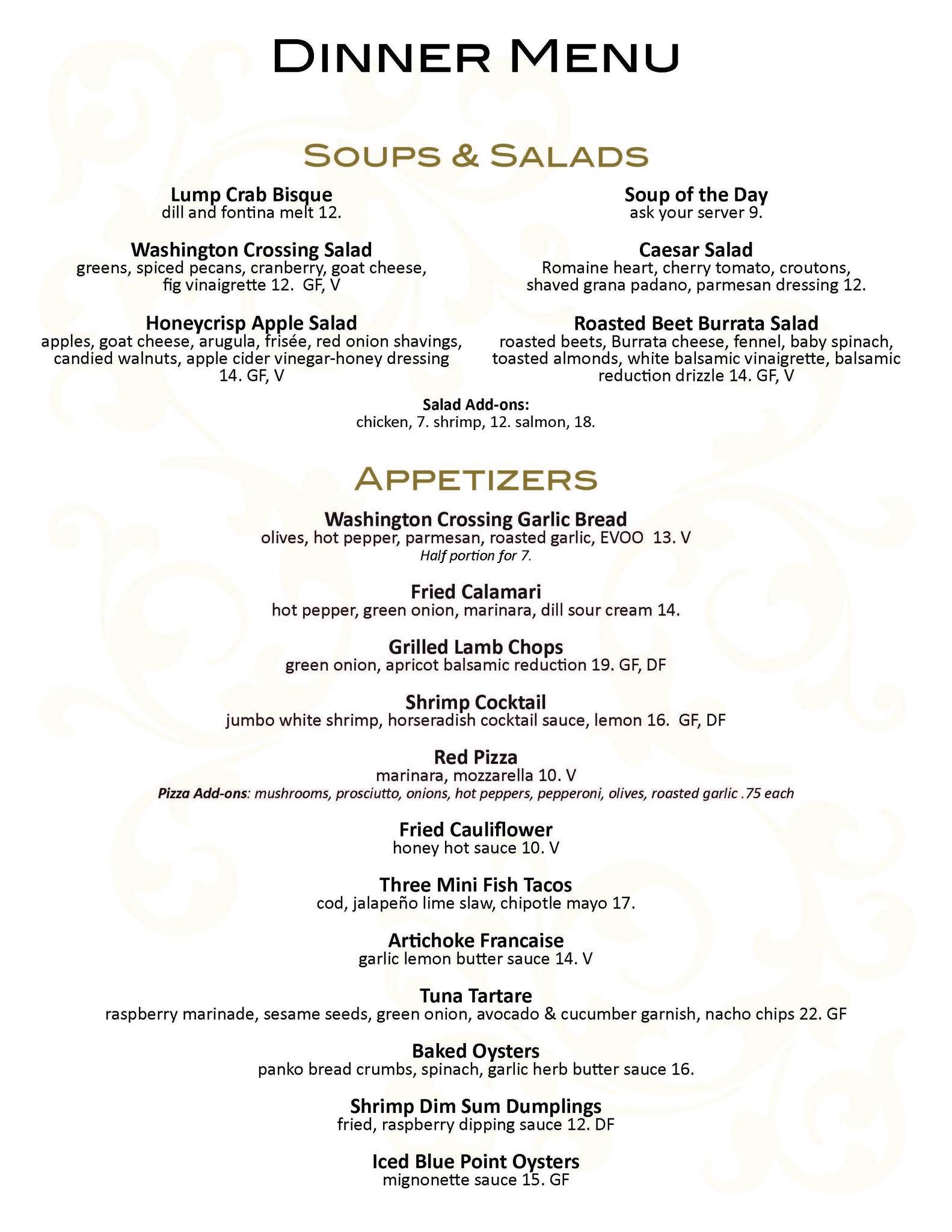 Menu at Washington Crossing Inn restaurant, Washington Crossing