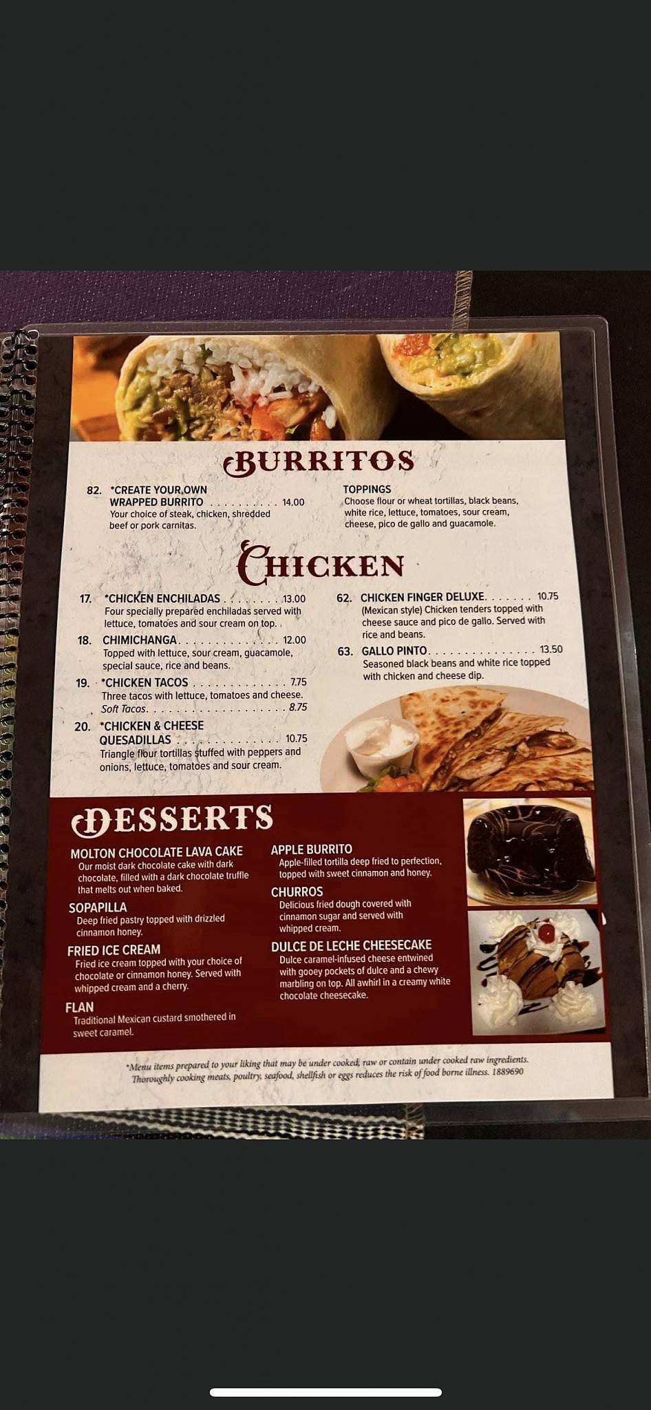 Menu at Old Mexico restaurant, Washington, 125 Murtland Ave
