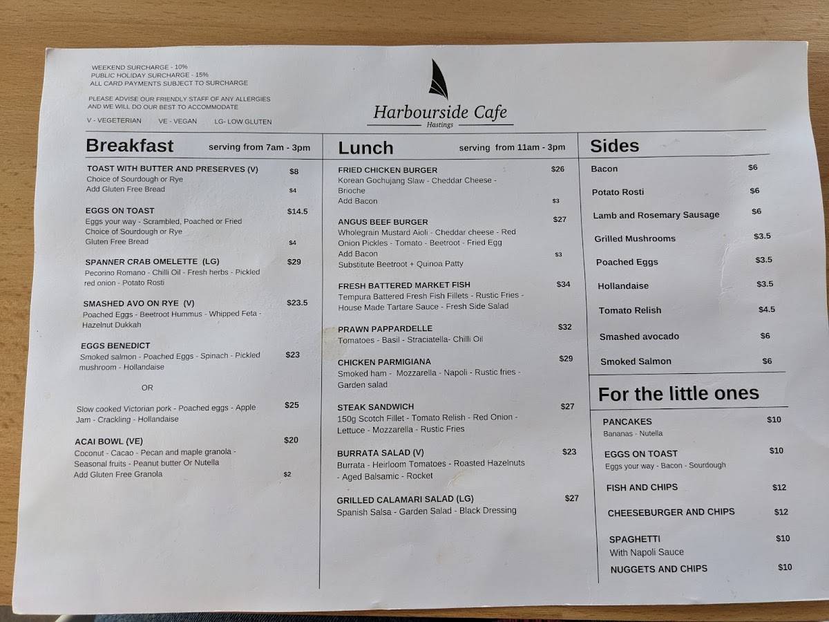 Menu at Waterfront Cafe, Hastings, Westernport Marina