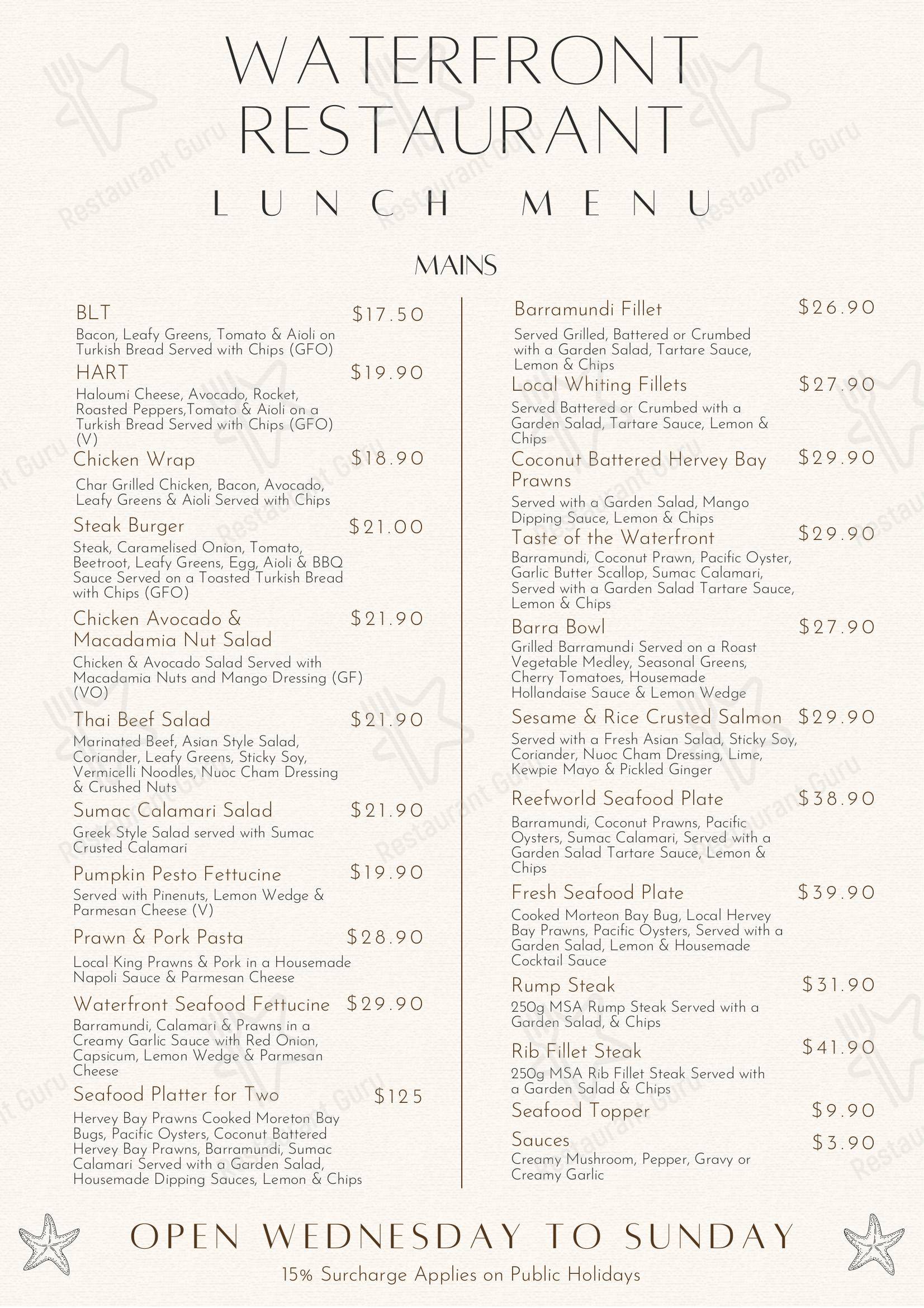 Menu at Waterfront Restaurant, Urangan, On the Beach Cnr Pulgul St