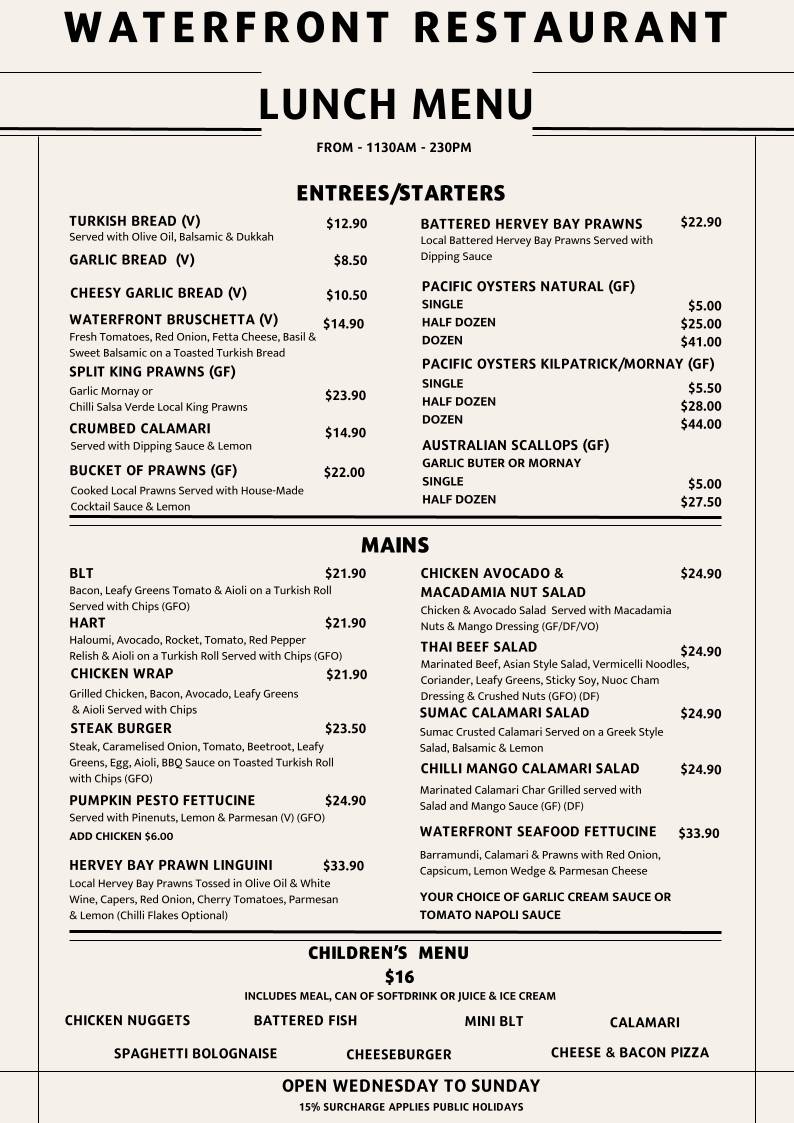 Menu at Waterfront Restaurant, Urangan, On the Beach Cnr Pulgul St