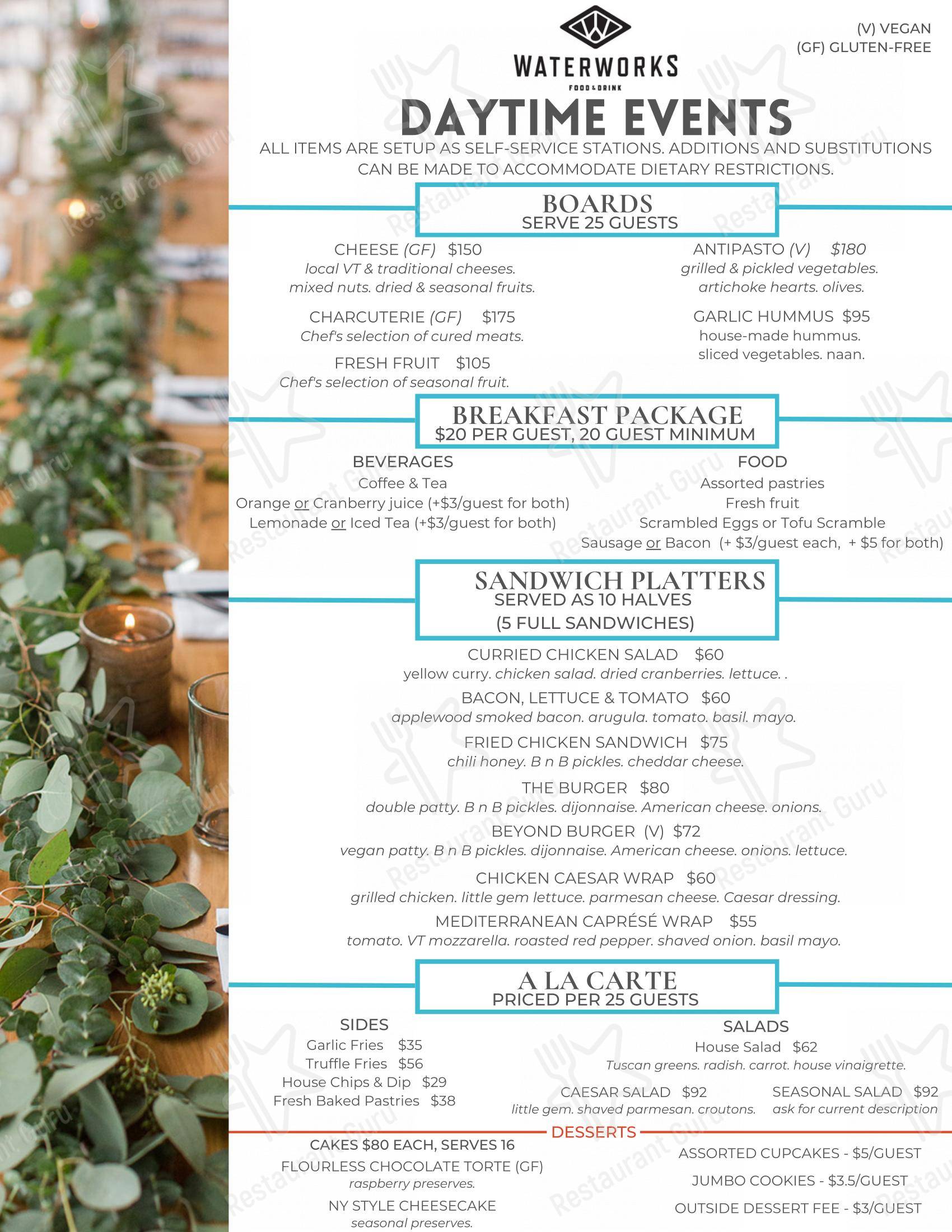Menu at Waterworks Food + Drink pub & bar, Winooski