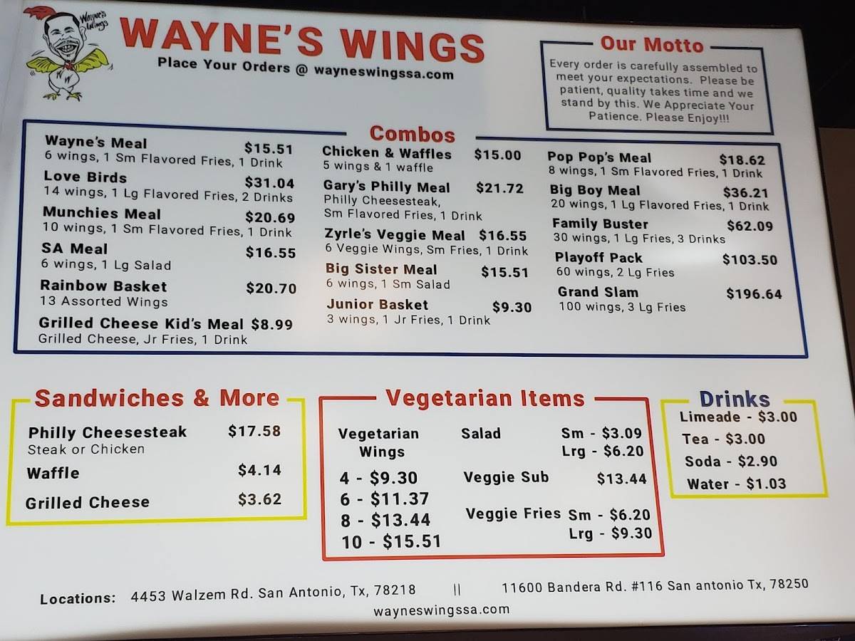 Menu at Wayne's Wings restaurant, San Antonio, Walzem Rd