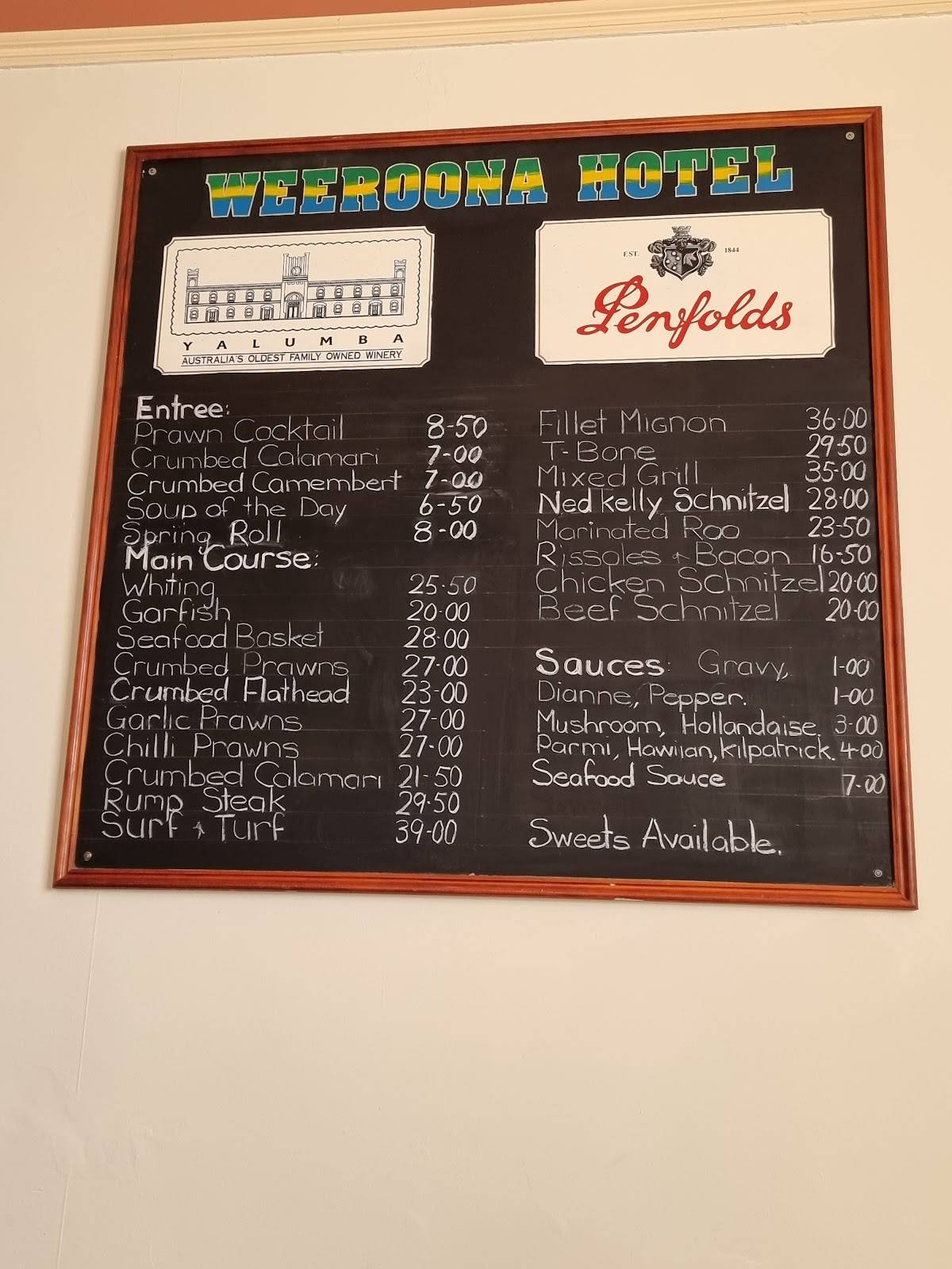 Menu at Weeroona Hotel pub & bar, Wallaroo