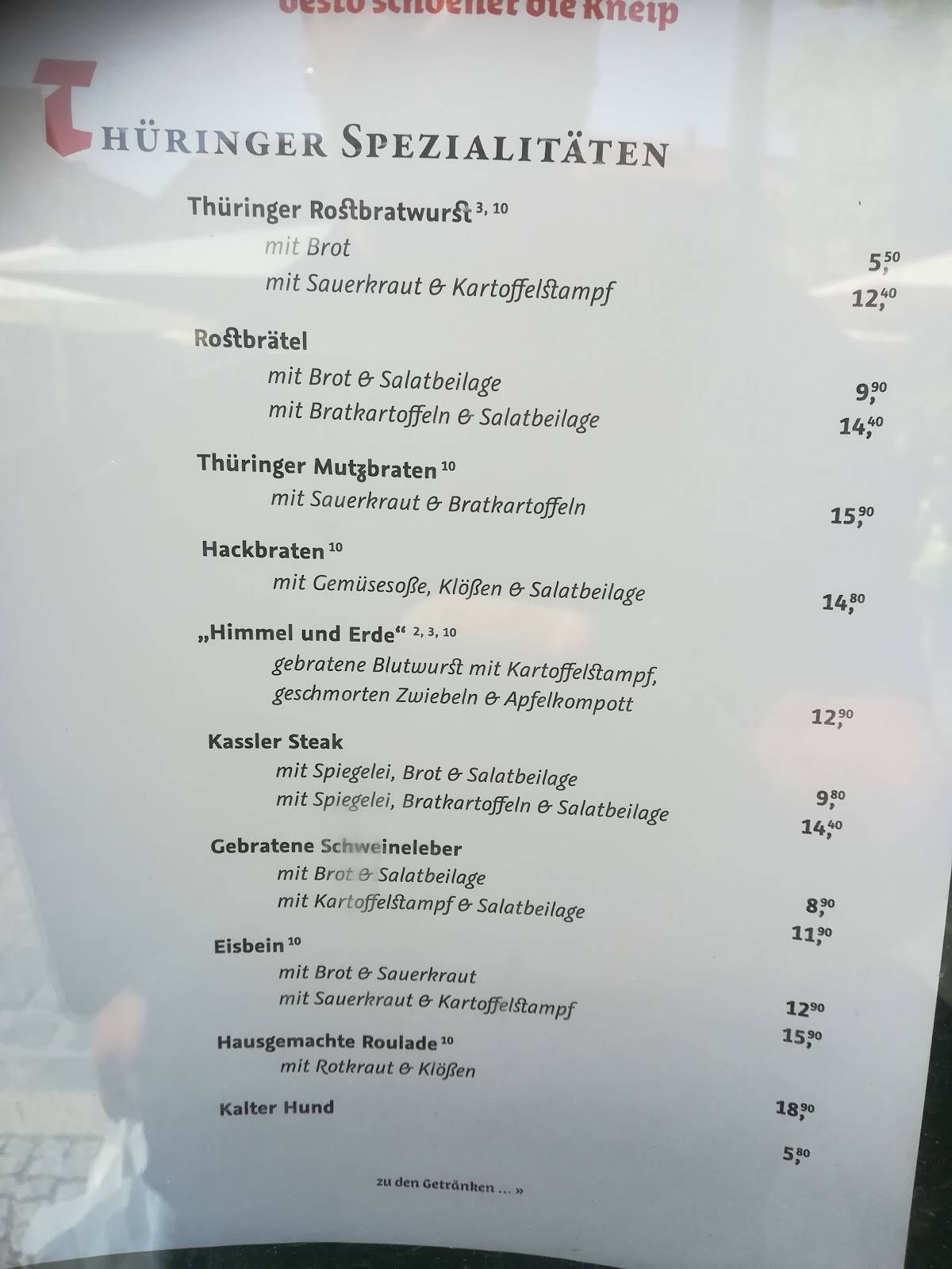 Menu at Zum Goethebrunnen restaurant, Weimar