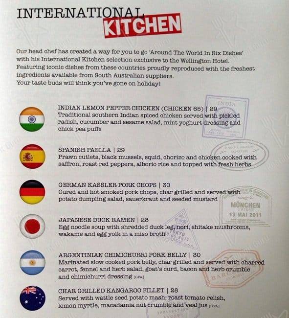 Menu at Wellington Hotel restaurant, North Adelaide