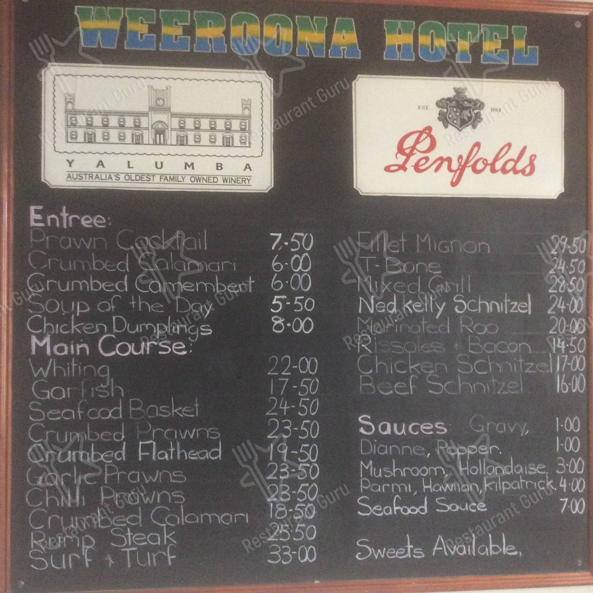 Menu at Weeroona Hotel pub & bar, Wallaroo