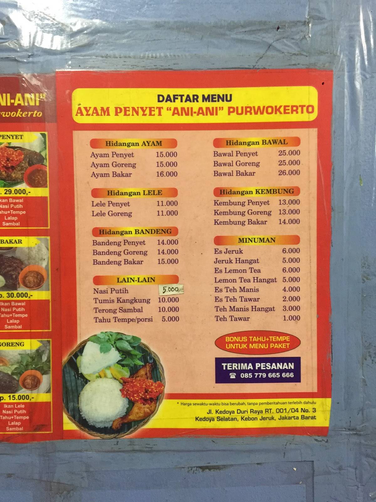 Carta del restaurante Ayam Penyet Ani-Ani Khas Purwokerto, West Jakarta