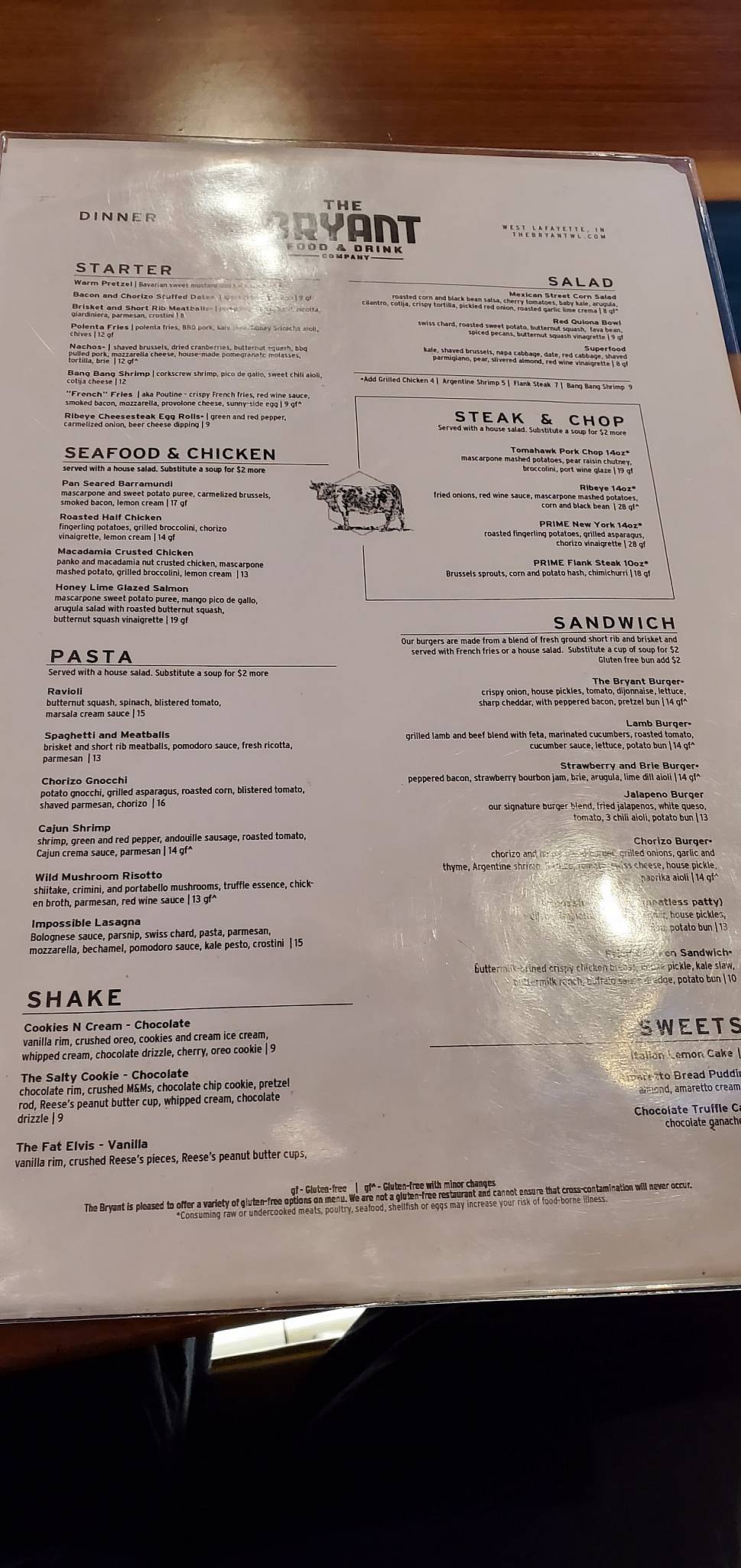 Menu at The Bryant pub & bar, West Lafayette, Sagamore Pkwy W