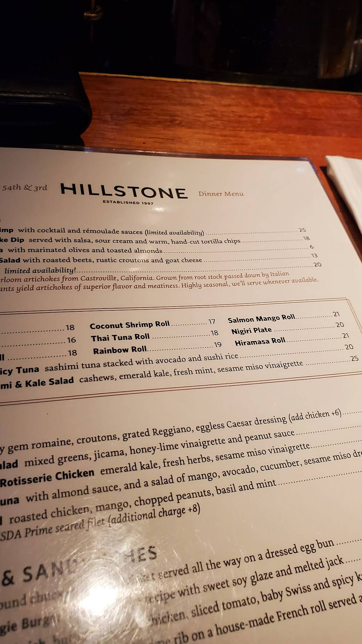 Menu at Hillstone restaurant, West New York, 888 3rd Ave