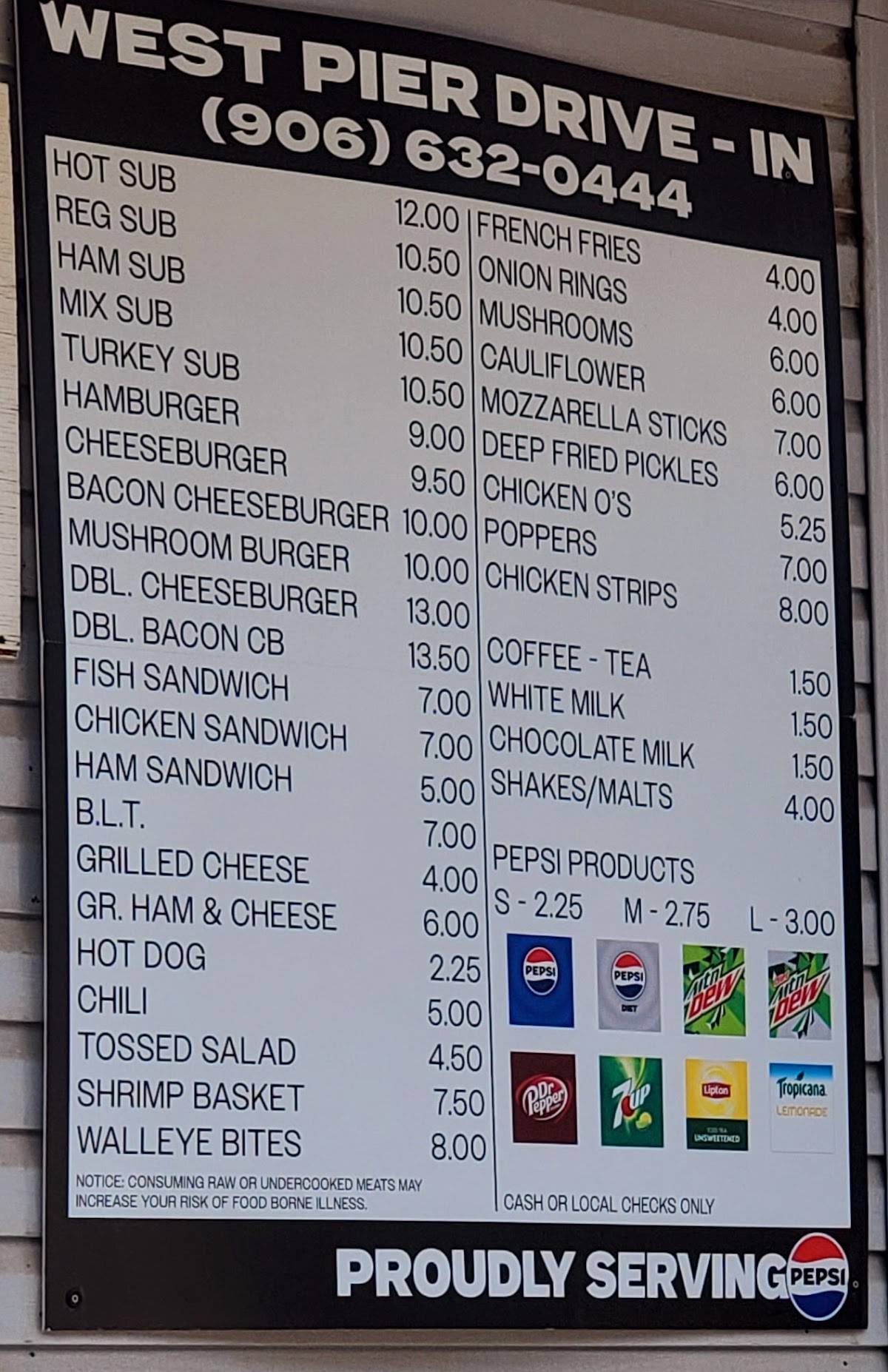 Menu at West Pier Drive-In restaurant, Sault Ste. Marie
