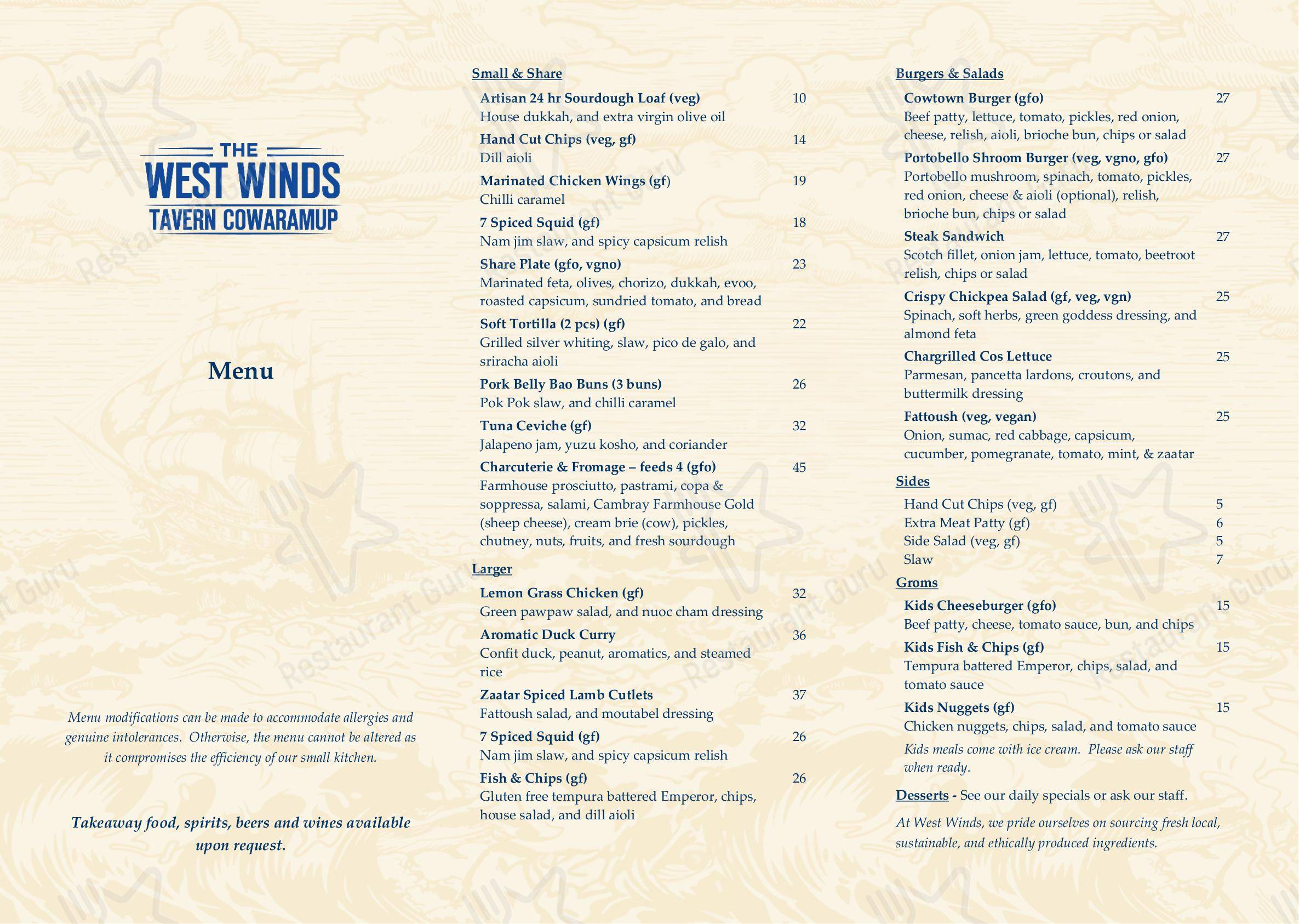 Menu at West Winds Distillers pub & bar, Cowaramup