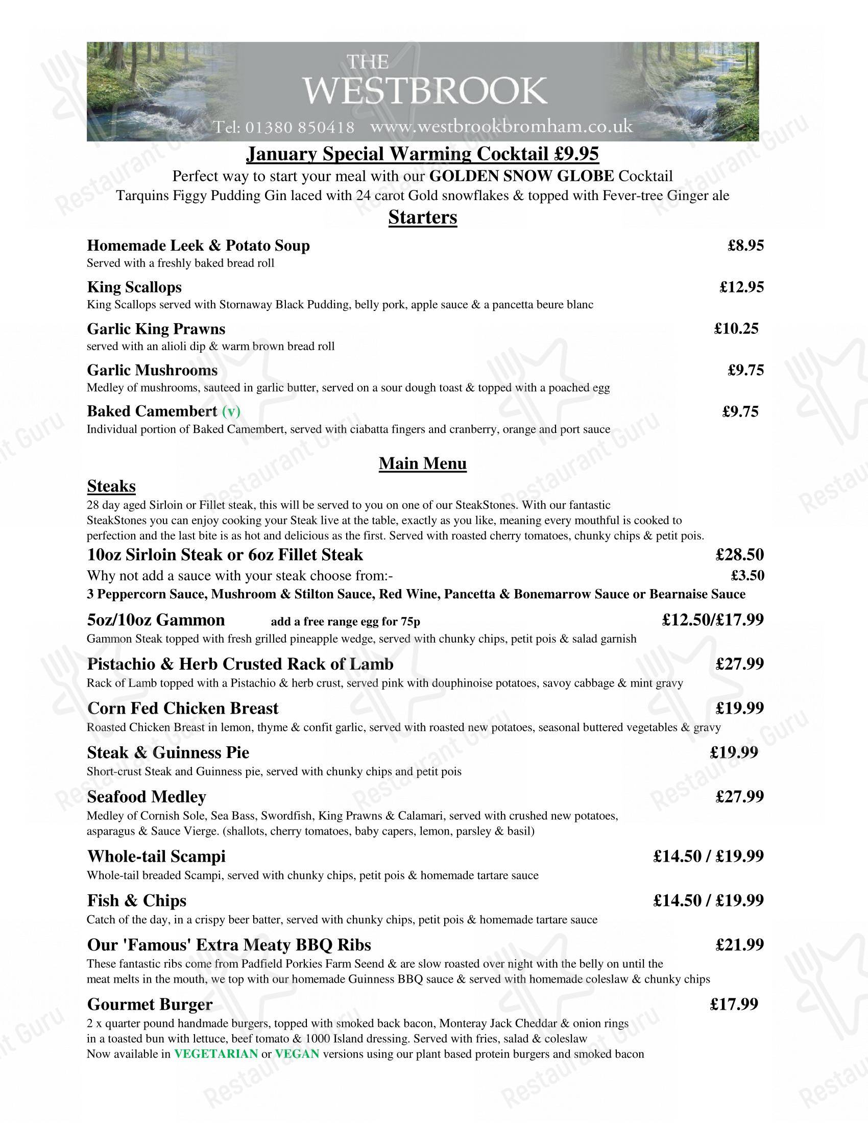 Menu at Westbrook Inn pub & bar, Bromham, 107 Westbrook Rd