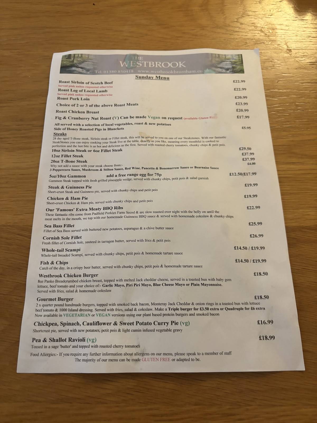 Menu at Westbrook Inn pub & bar, Bromham, 107 Westbrook Rd