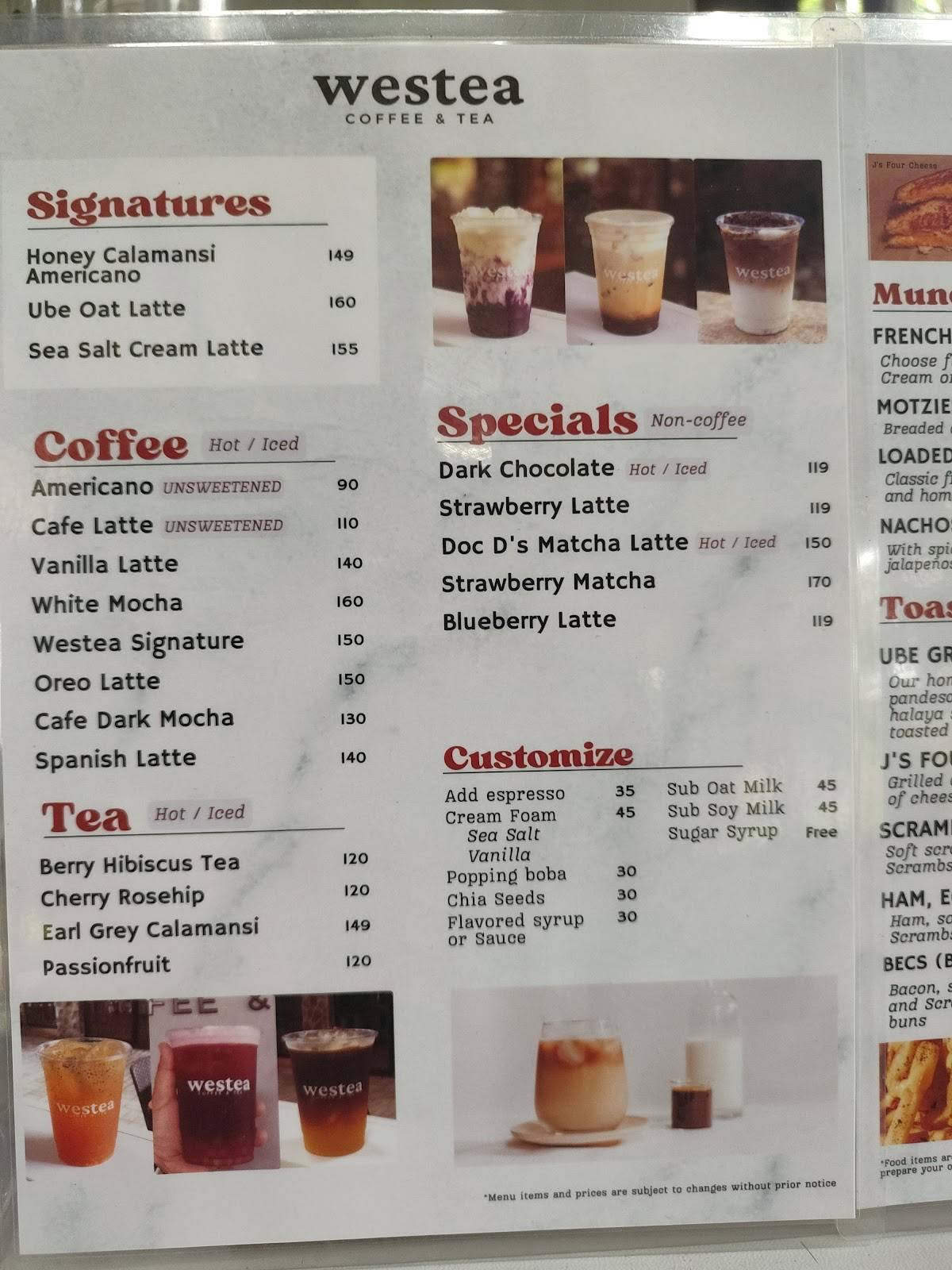 Menu at Westea Coffee & Tea, Los Baños