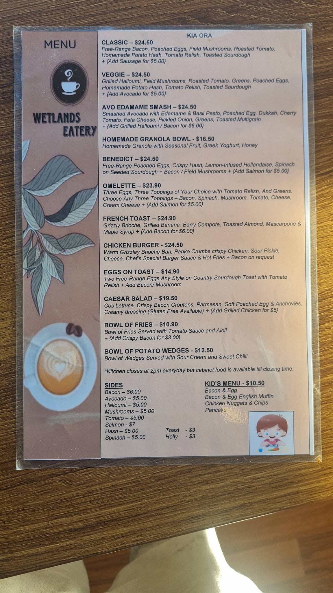 Menu at Wetlands Eatery cafe, Christchurch