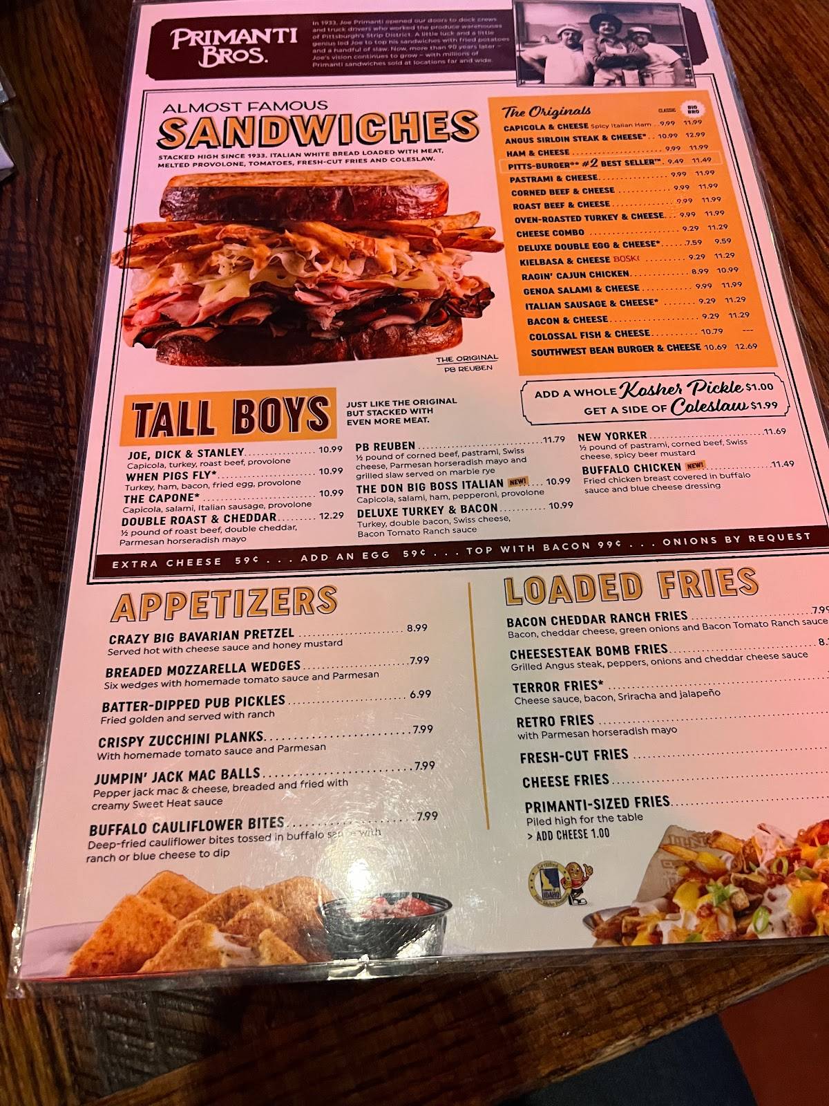 Menu at Primanti Bros. Restaurant and Bar, Triadelphia, 255 Cabela Dr