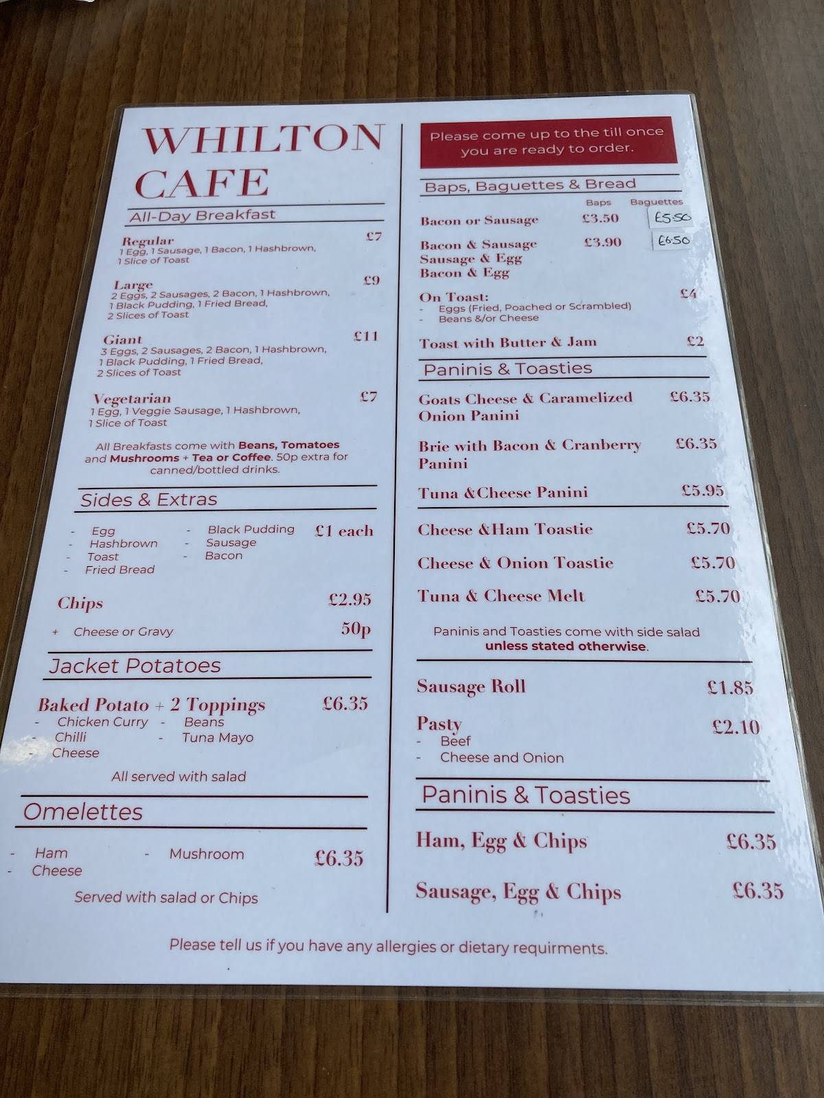 Menu at Whilton Cafe, Whilton