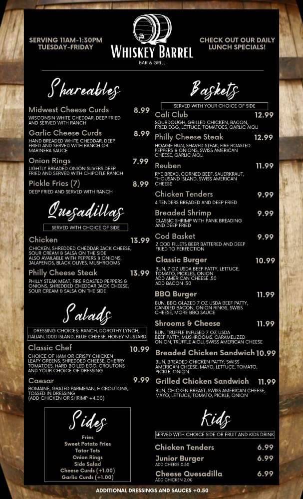 Menu at Whiskey Barrel Bar & Grill, Diller