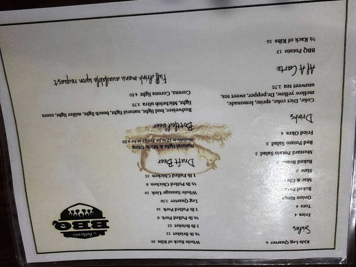 Menu at Whiskey Throttle BBQ, Jasper