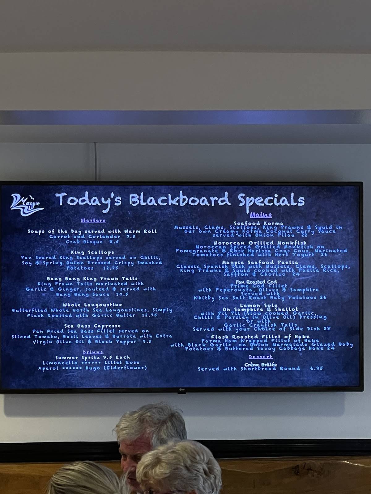 Menu at The Magpie Café restaurant, Whitby